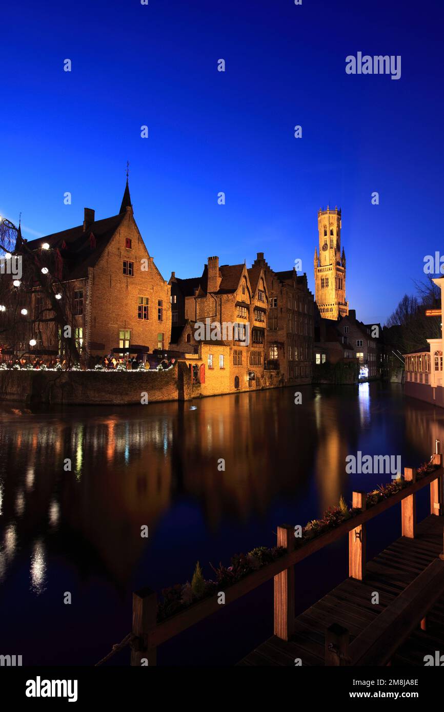 River Dijver and the Belfort at night, Rozenhoedkaai area, Bruges City ...
