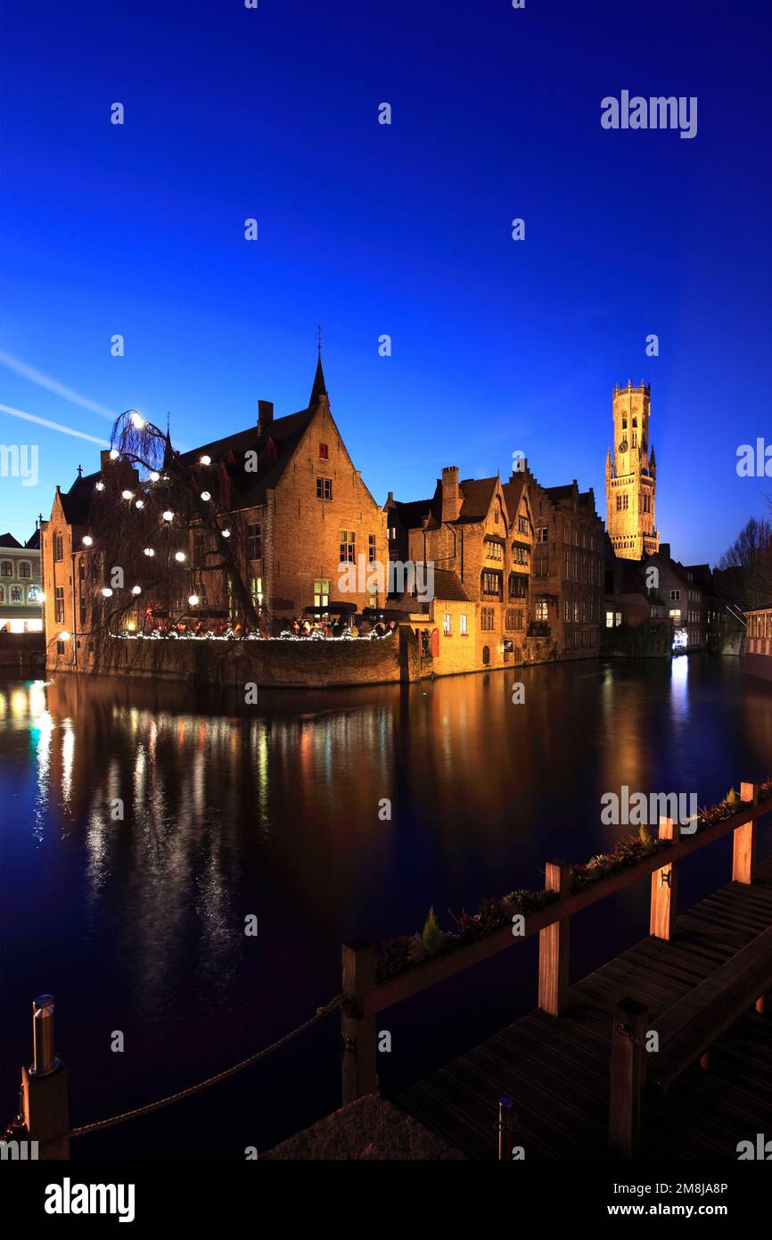 River Dijver and the Belfort at night, Rozenhoedkaai area, Bruges City ...