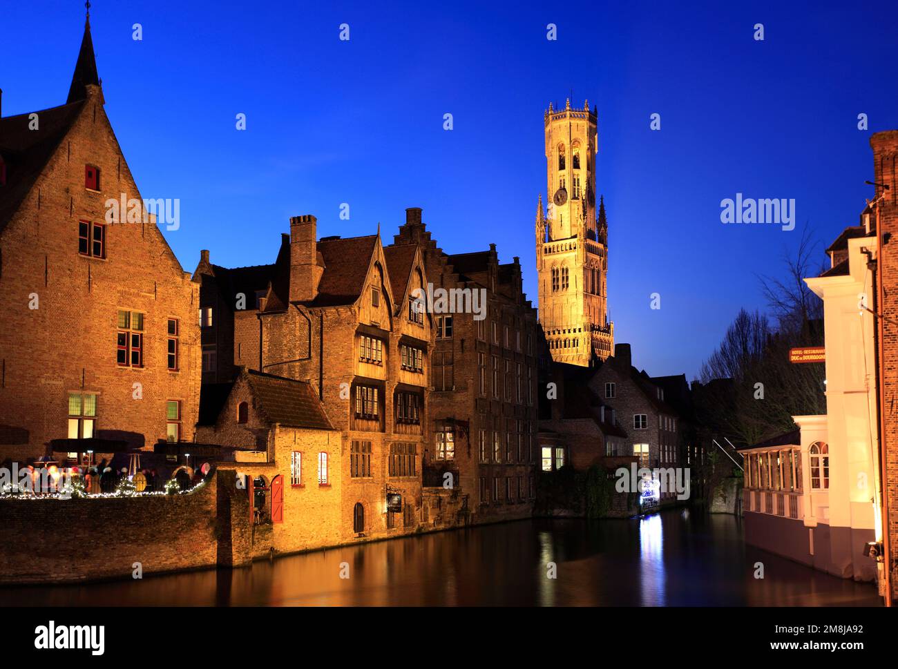 River Dijver and the Belfort at night, Rozenhoedkaai area, Bruges City ...