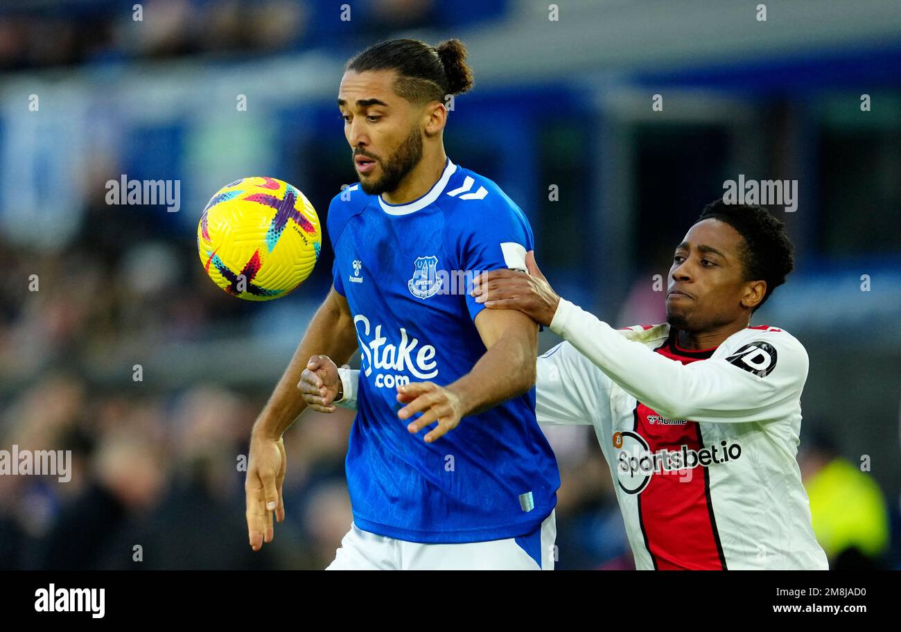Everton's Dominic Calvert-Lewin, left, duels for the ball with ...