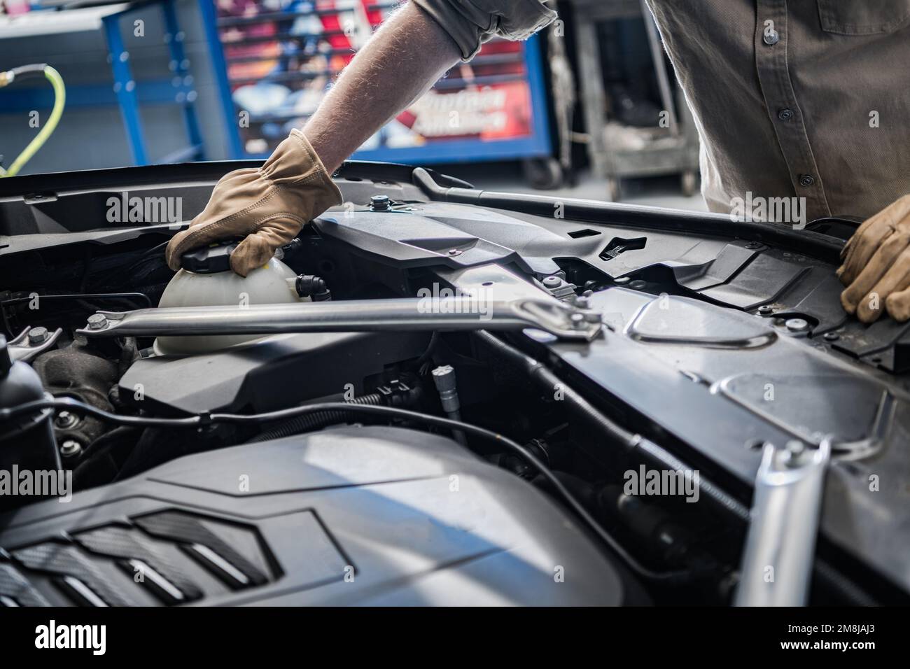 Car Mechanic Checking On Vehicle Engine Coolant Level Inside Car ...