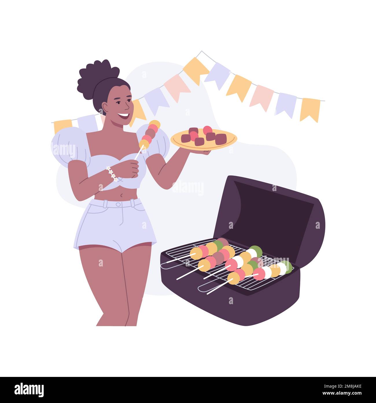 BBQ area isolated cartoon vector illustrations. Beautiful girl grilling ...