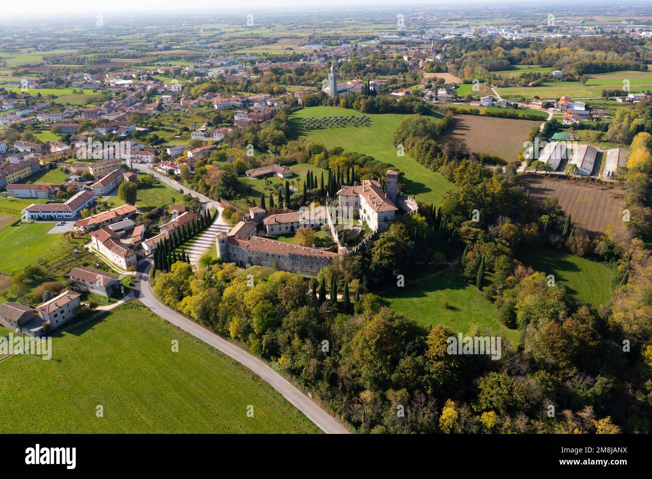 An aerial shot of the medieval Castello di Villalta in Friuli Italy ...