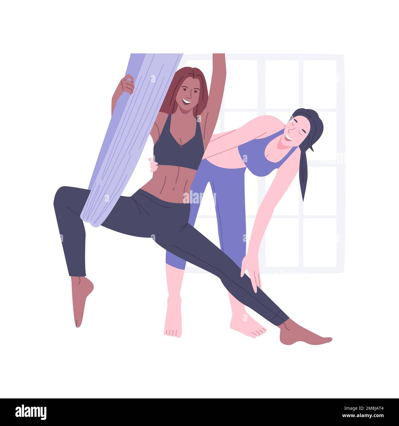 Aerial yoga isolated cartoon vector illustrations. Young girl doing ...