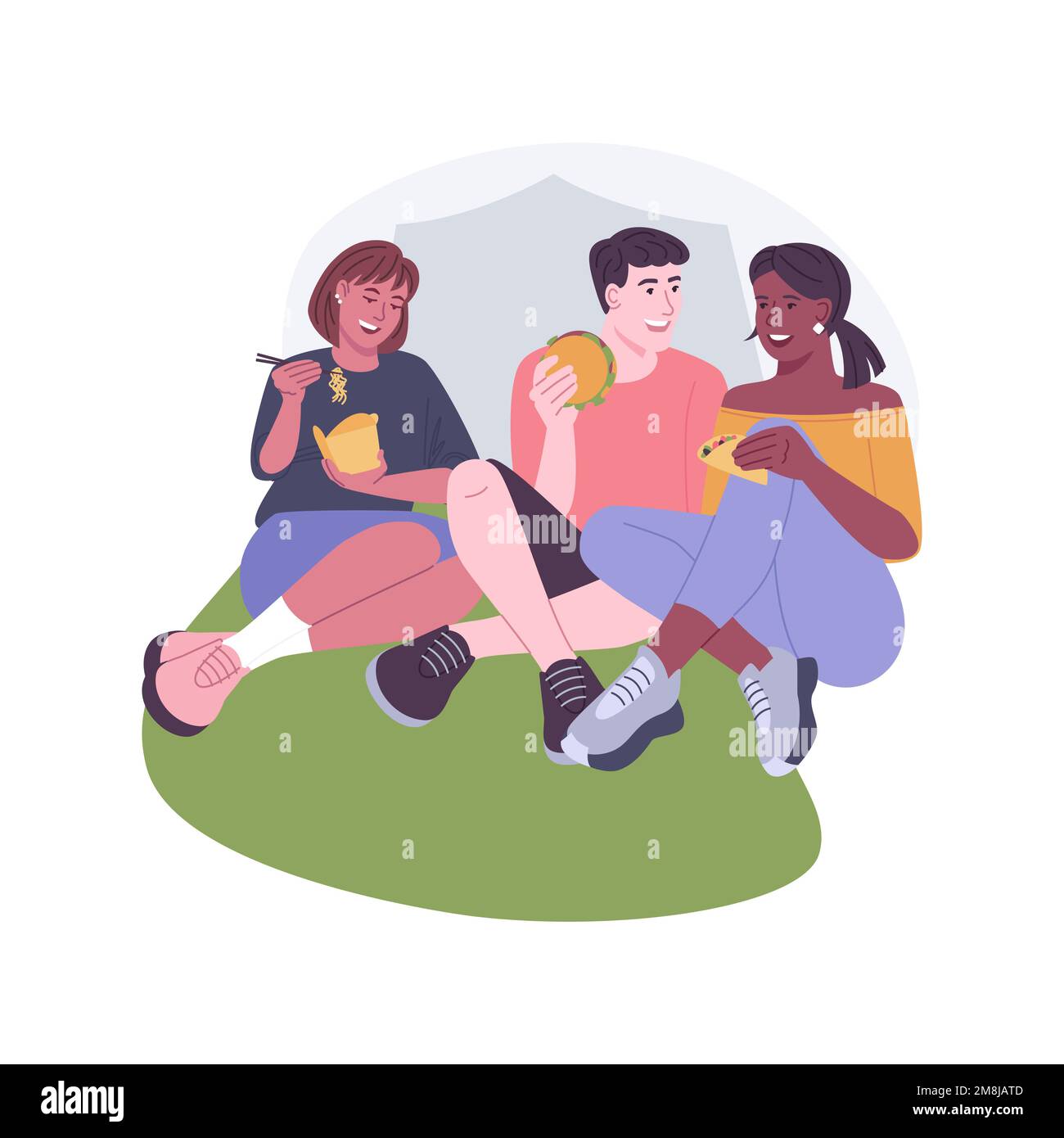 Food court isolated cartoon vector illustrations. Group of friends ...