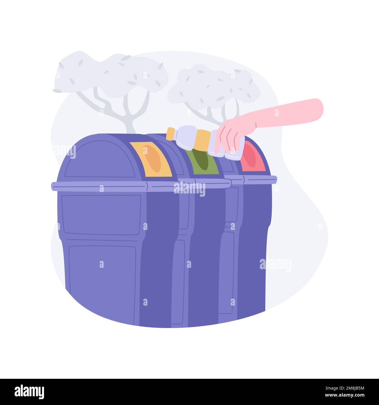 Trash sorting facility isolated cartoon vector illustrations. Young girl throwing a bottle for ...