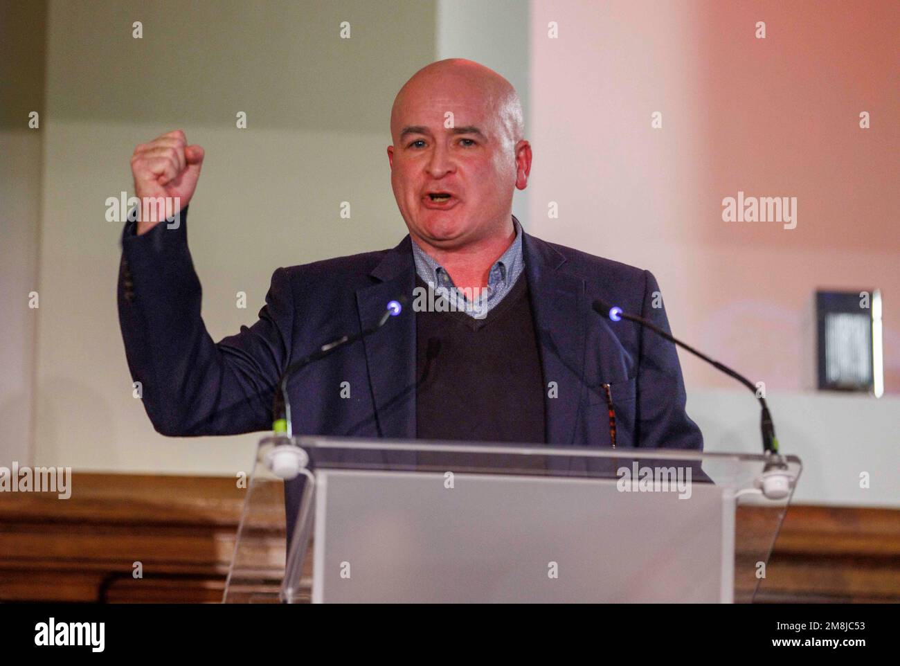 London, UK. 14th Jan, 2023. Mick Lynch, RMT General Secretary, speaks ...