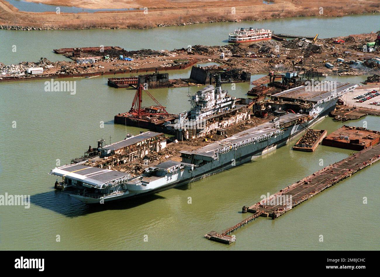 A port bow view of the USS SARATOGA (CV-60), flight deck partially ...