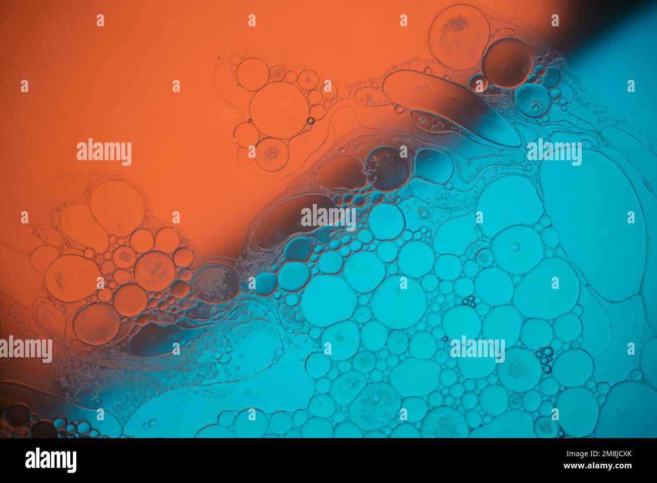 Top view movement of oil bubbles in the liquid. Oil surface ...
