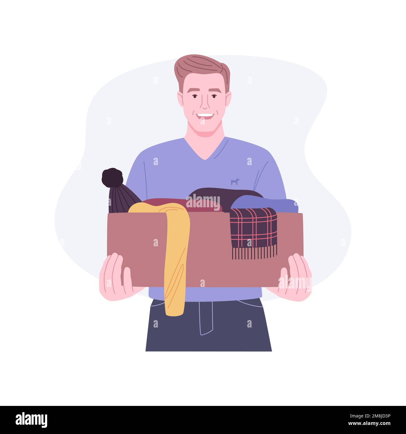 Donate clothes isolated cartoon vector illustrations. Man holds box ...