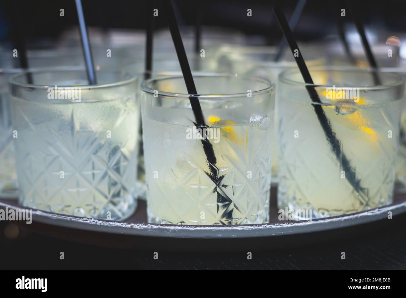 View of alcohol setting on catering banquet table, row line of alcohol ...