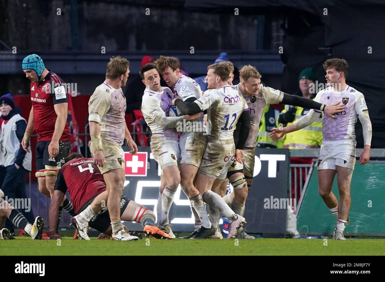 Northampton Saints' James Ramm celebrates with team-mates after scoring ...