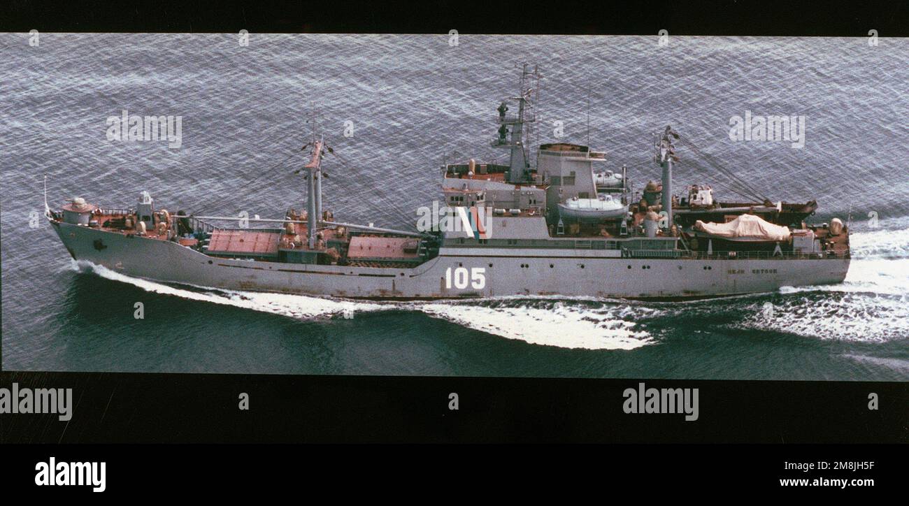 Aerial port side view of the Russian Maritime Border Guard Neon Antonov ...