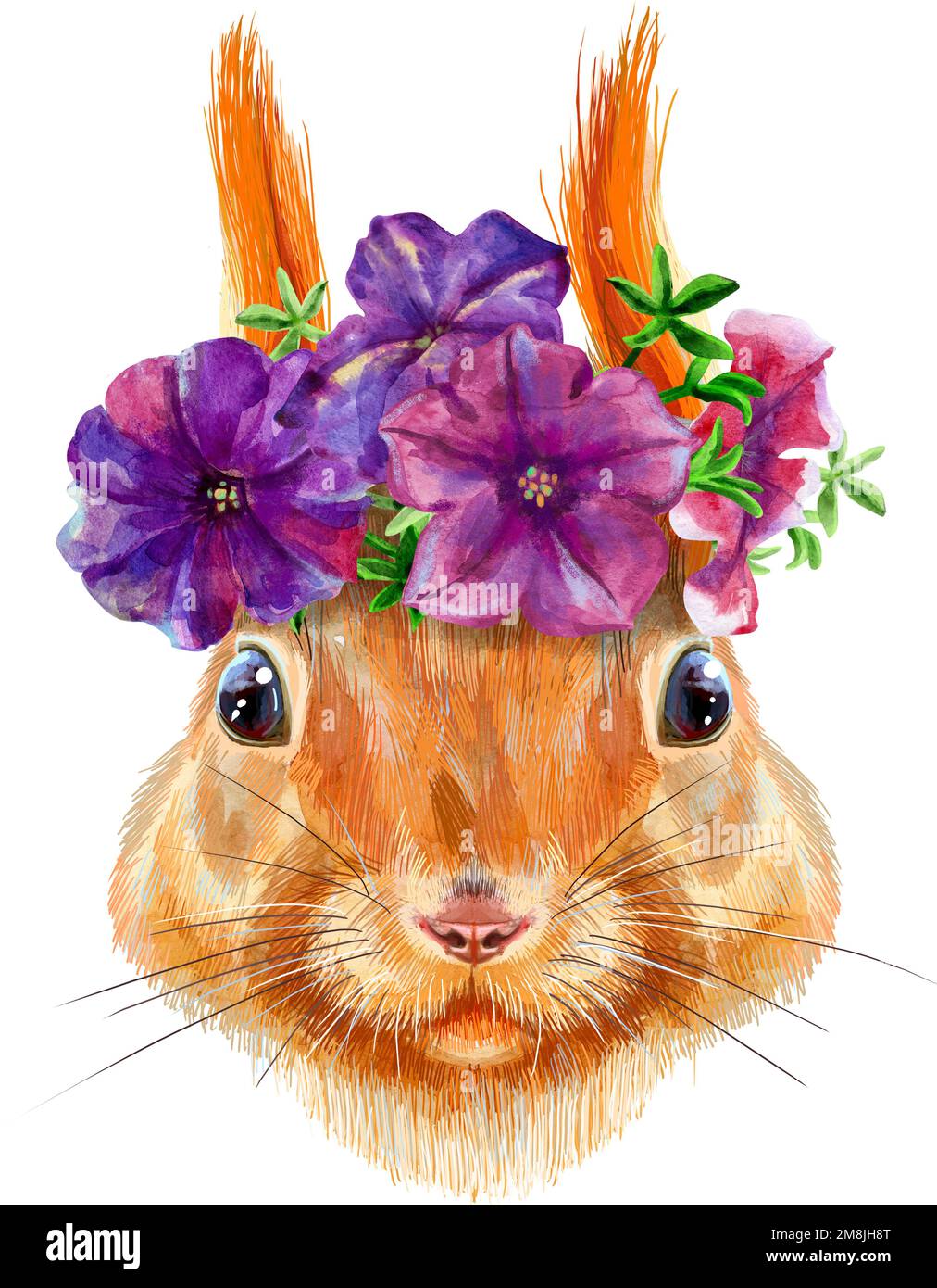 Watercolor portrait of a squirrel with wreath of flowers on a white ...