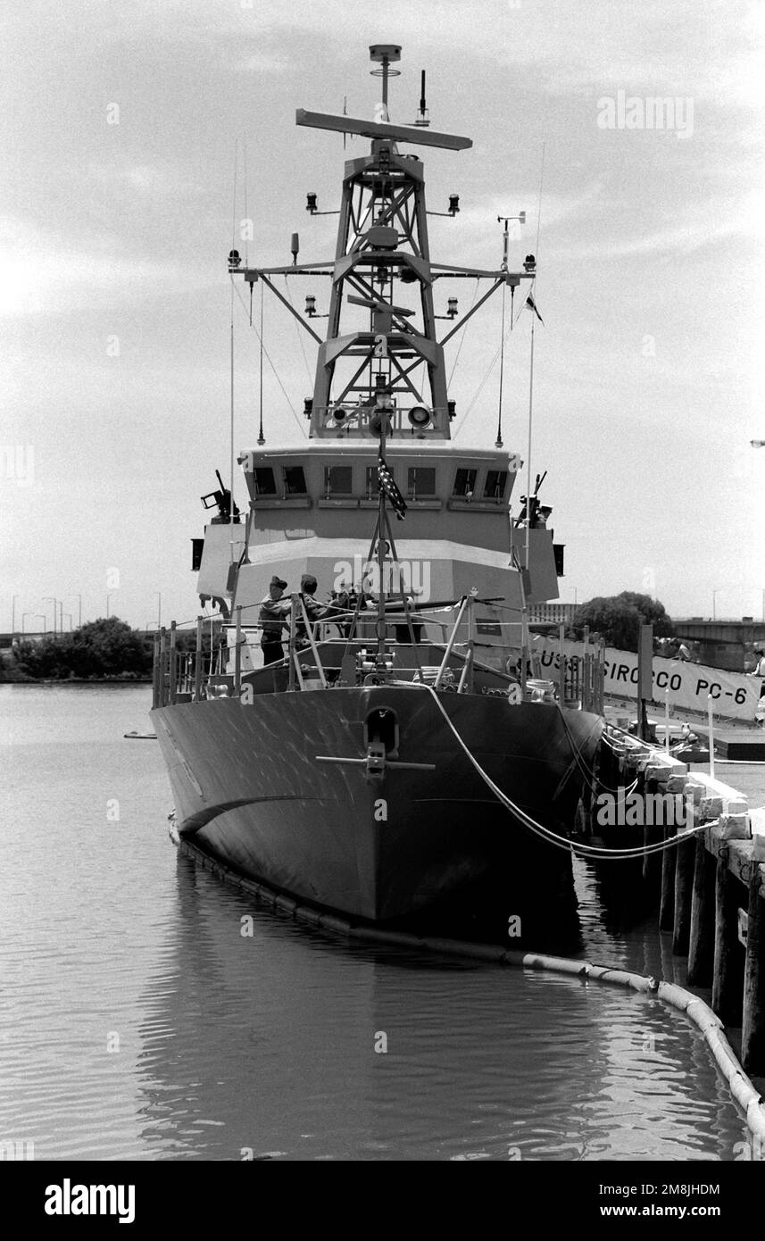 A bow on view of the coastal patrol boat USS SIROCCO (PC-6) tied up at ...