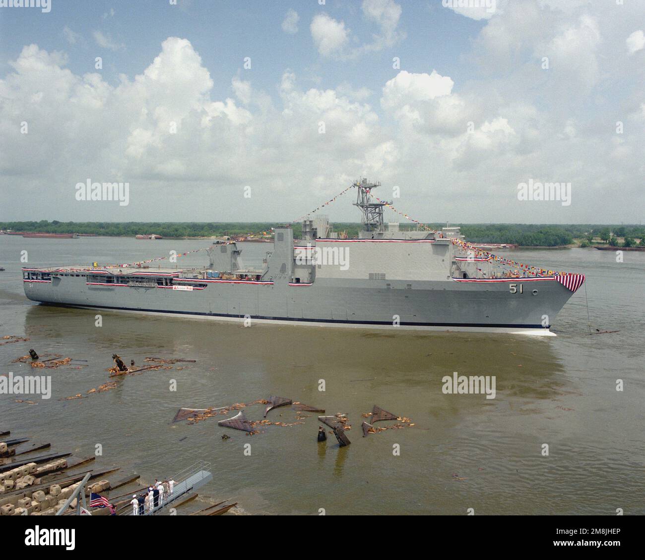 A starboard side view of the dock landing ship OAK HILL (LSD-51 ...