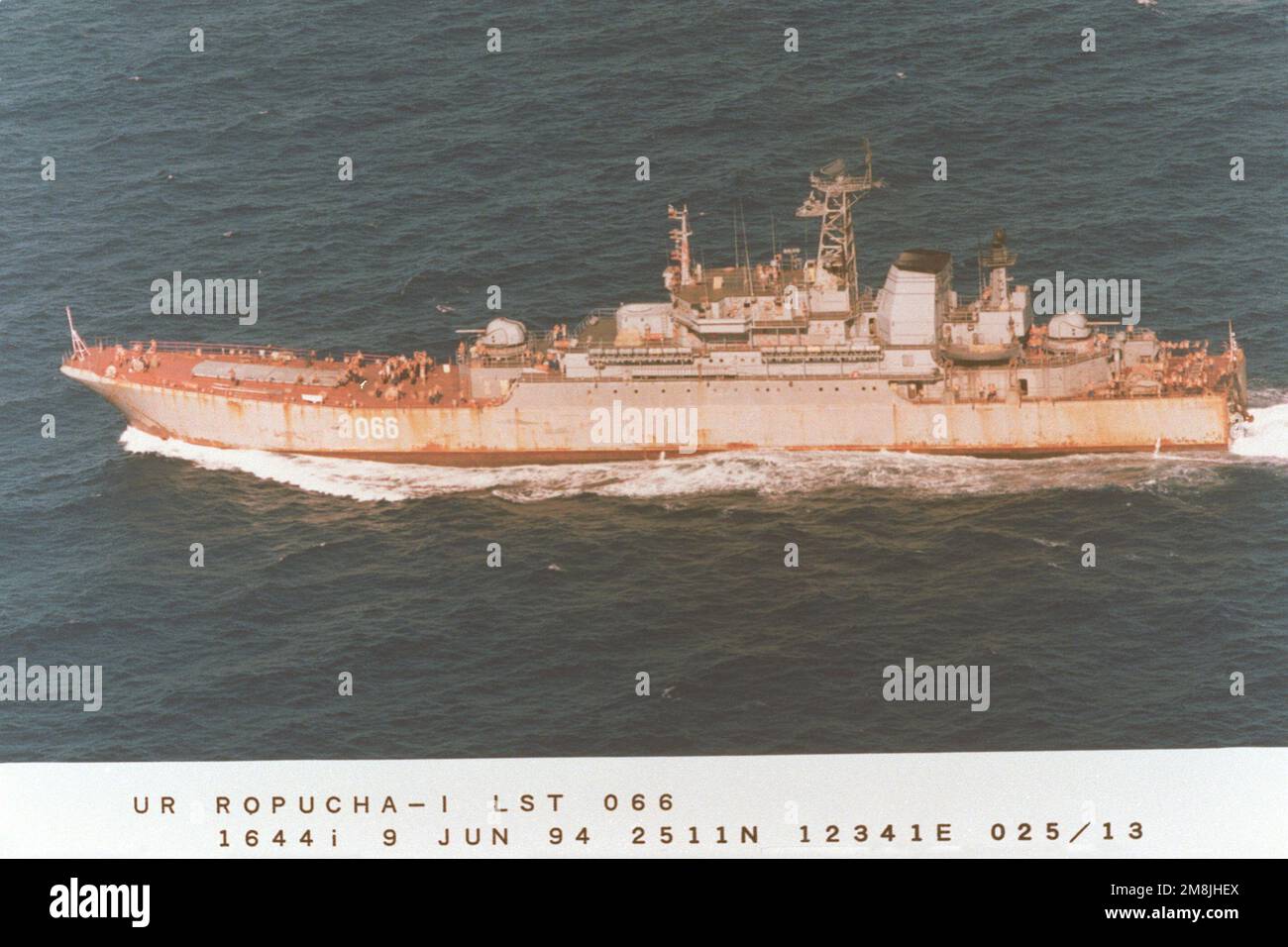 An aerial port side view of the Russian Pacific Fleet Ropucha-I class ...
