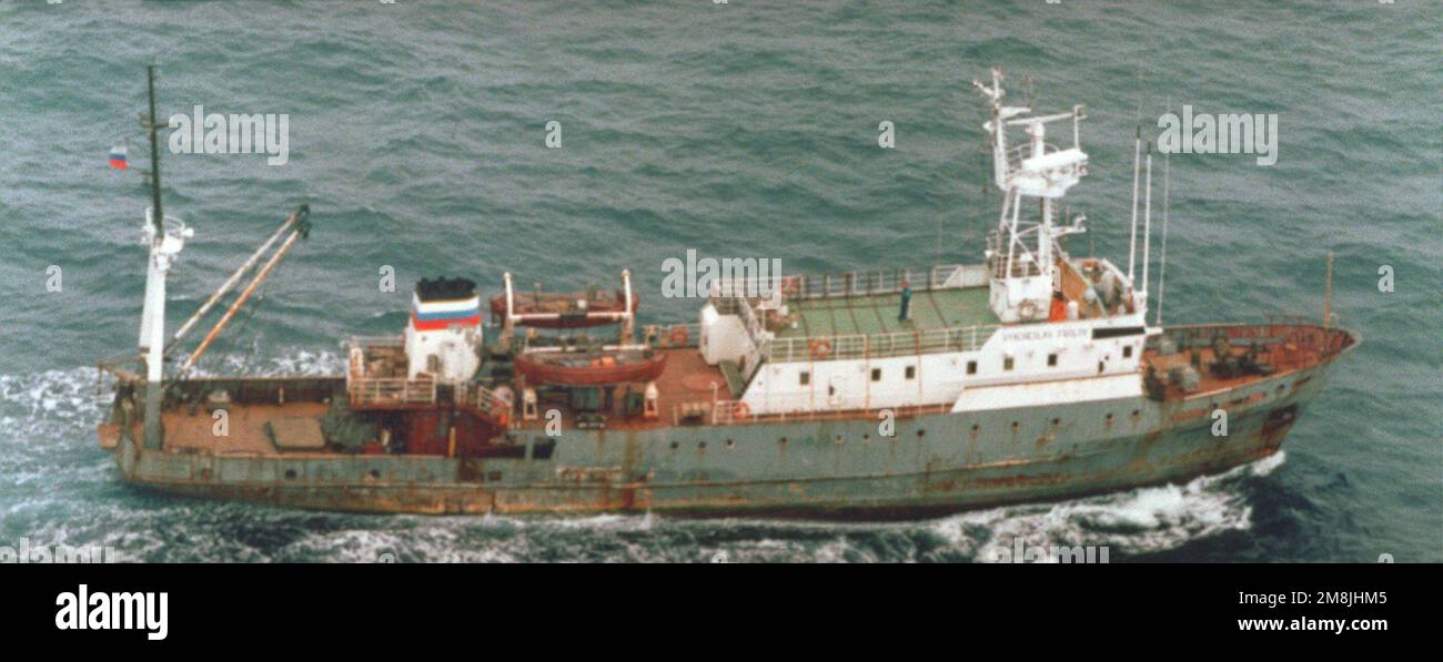 An aerial starboard side view of the Russian Valerian Uryvayev class ...