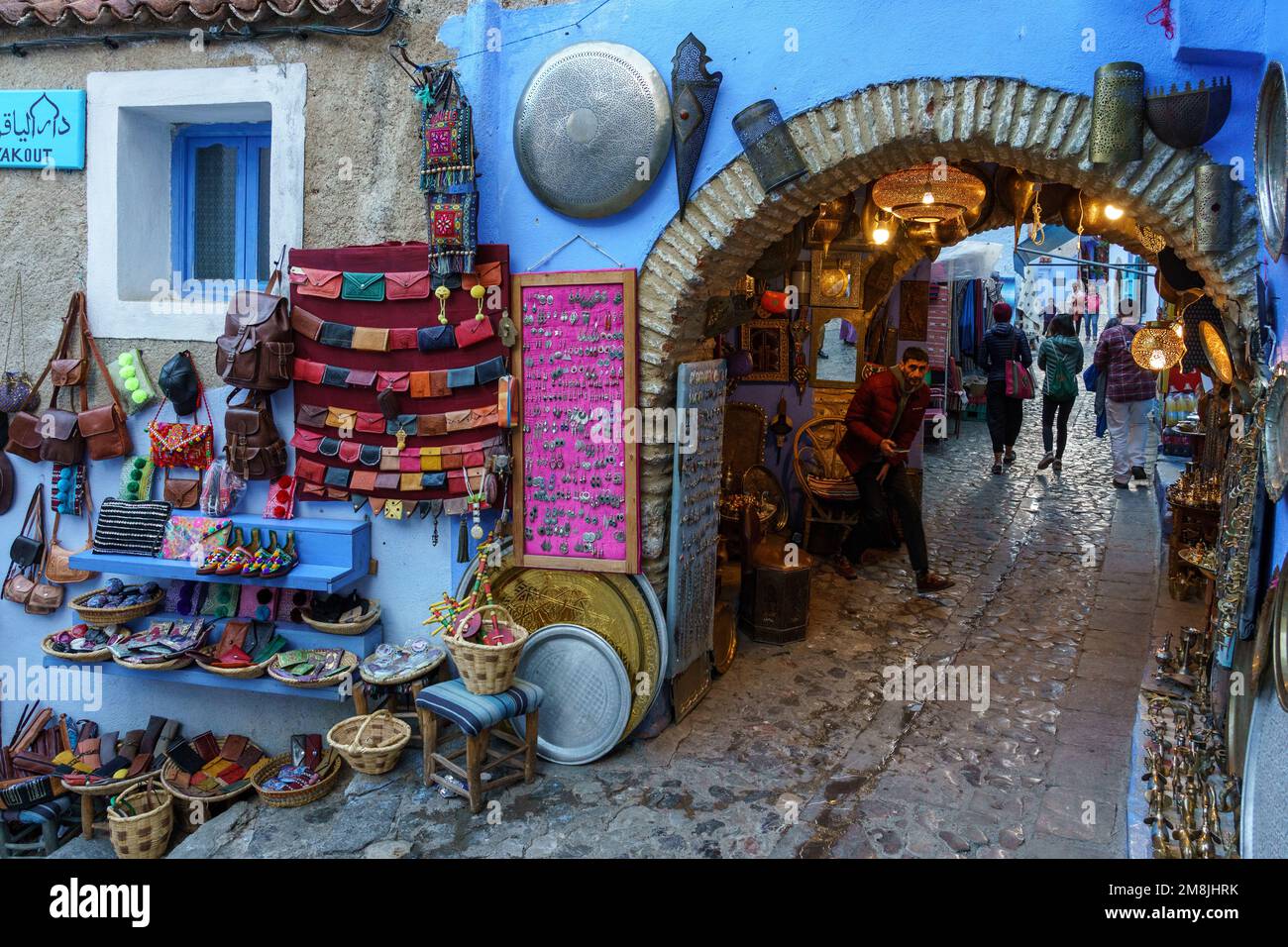 North Africa. Morocco. Chefchaouen. Souvenirs shop in a blue street of ...