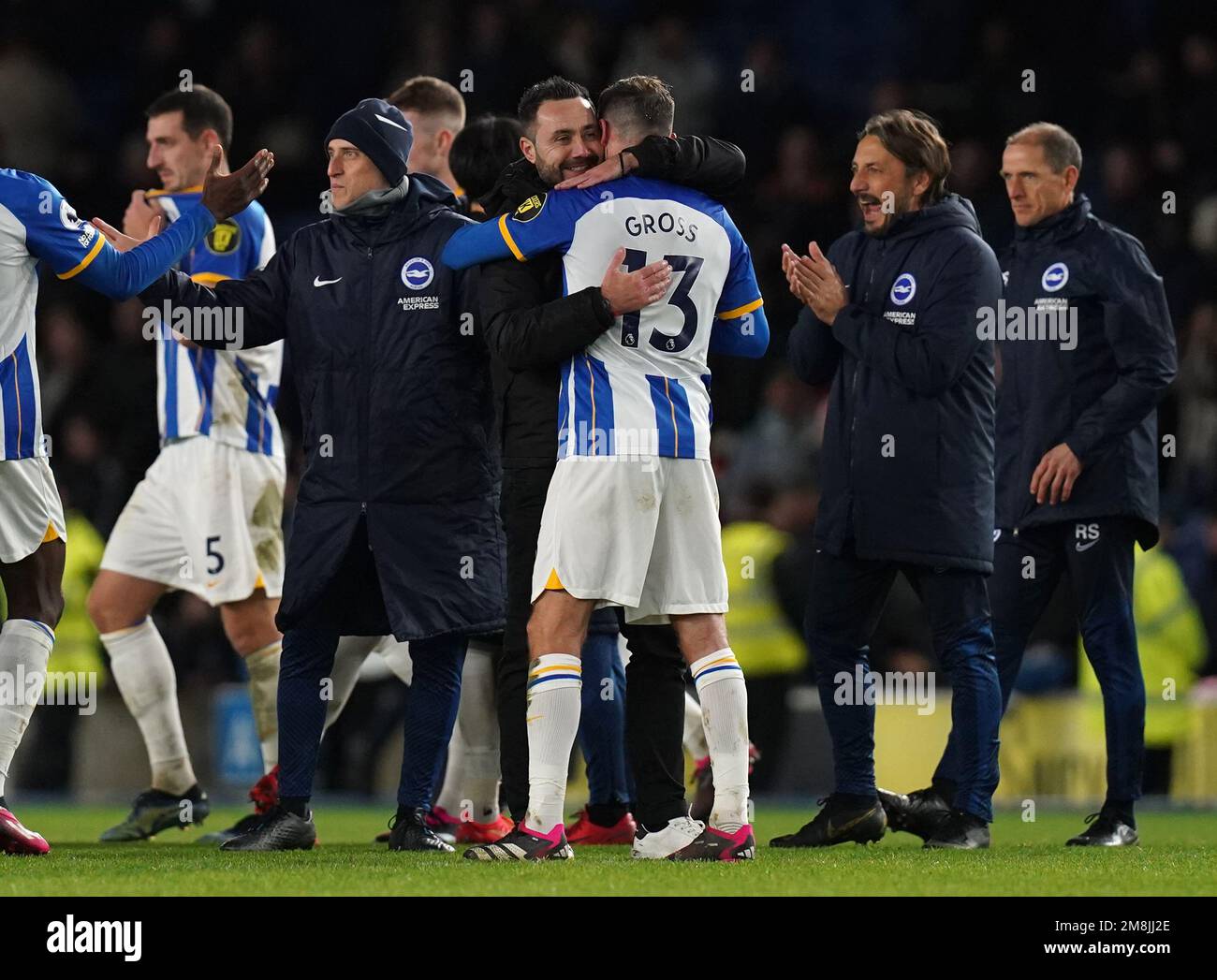 Brighton and Hove Albion manager Roberto De Zerbi embraces Pascal Gross ...