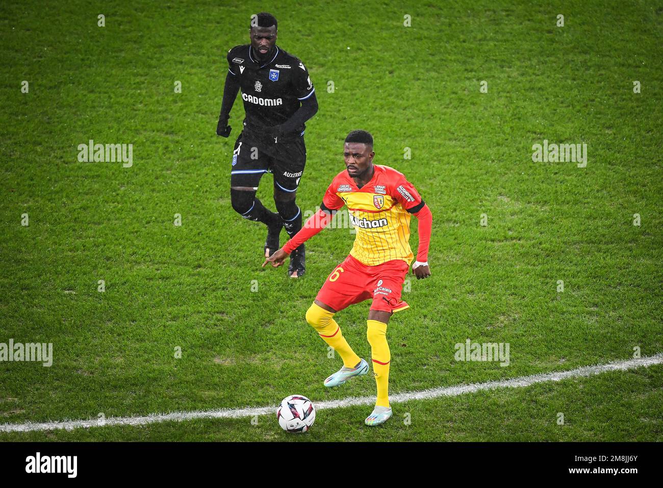 Rayan RAVELOSON of Auxerre and Salis ABDUL SAMED of Lens during the ...