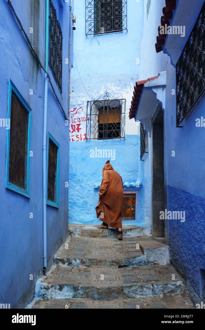 North Africa. Morocco. Chefchaouen. An old man dressed in a bournous ...