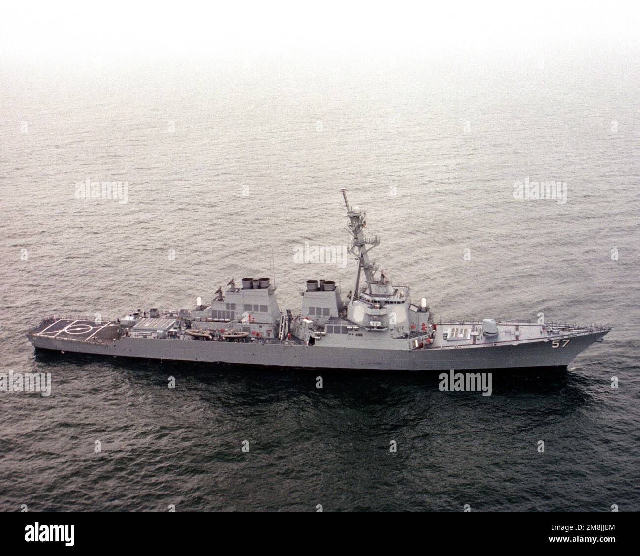 An aerial starboard beam view of the guided missile destroyer USS ...