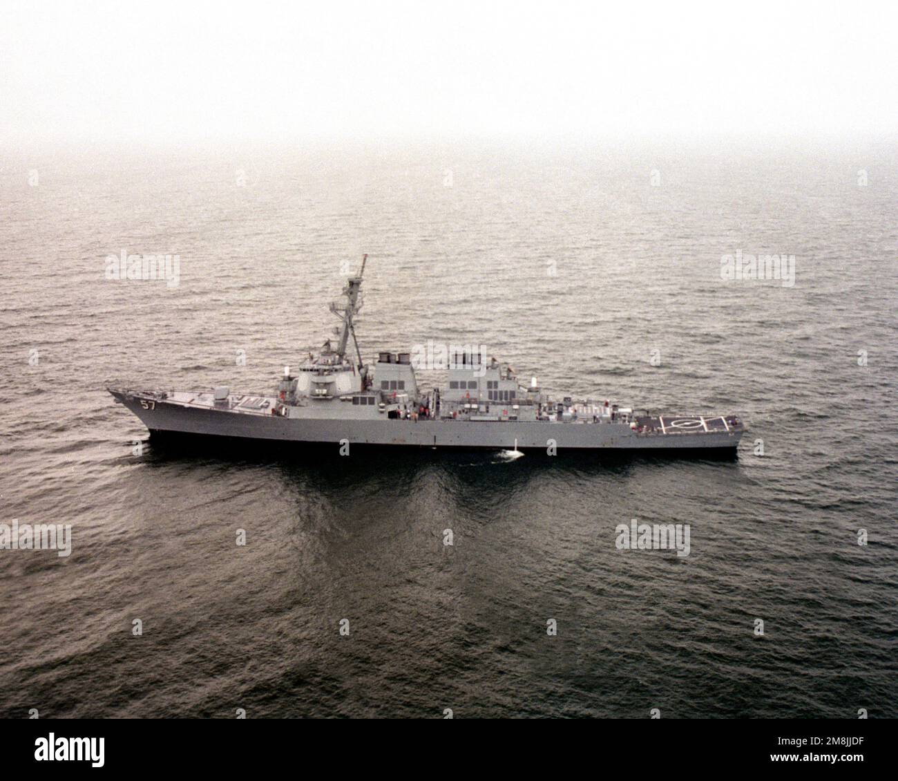 An aerial high oblique port beam view of the guided missile destroyer ...