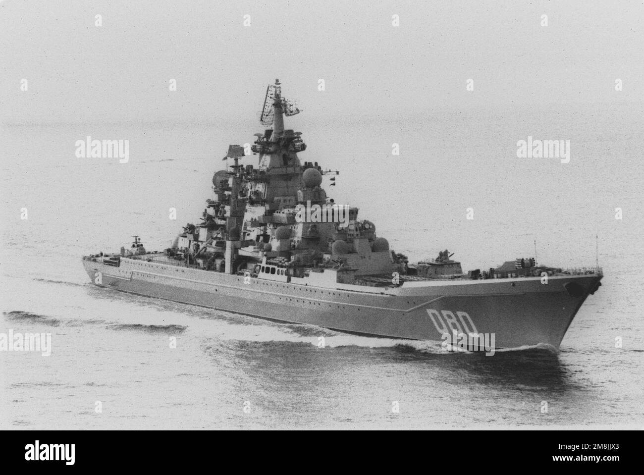 Aerial starboard bow view of the Russian Northern Fleet Kirov class ...