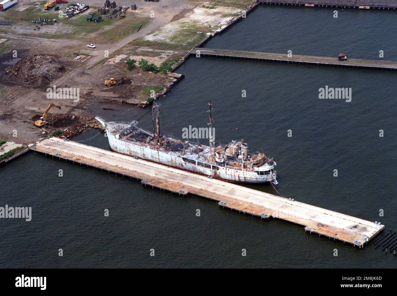 An aerial port quarter view of the former U.S. Army M-3 type port repair ship MADISON GEORGIAN ...