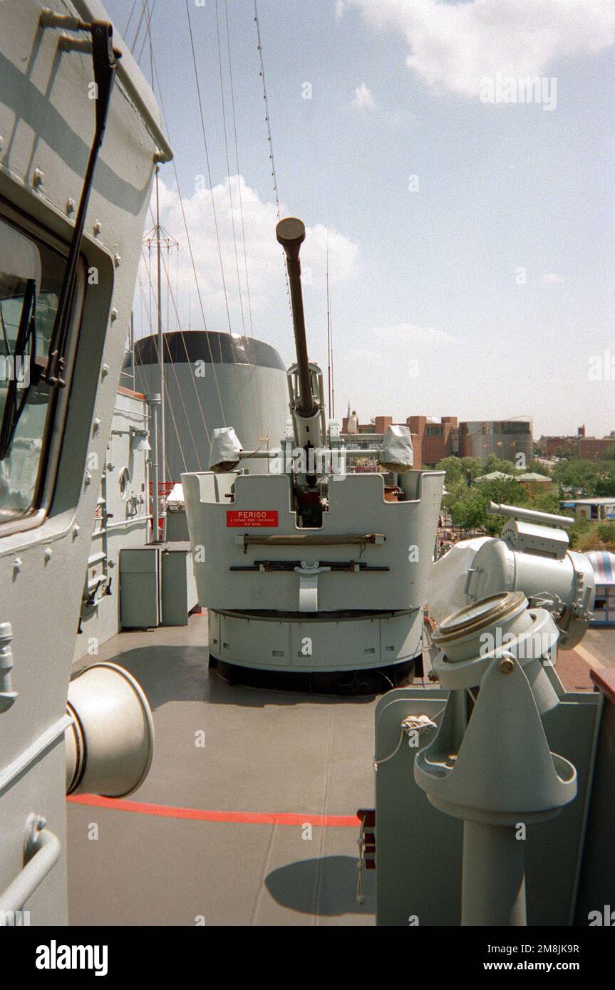 View of a Bofors 40mm gun mount on the port bridge wing of the ...