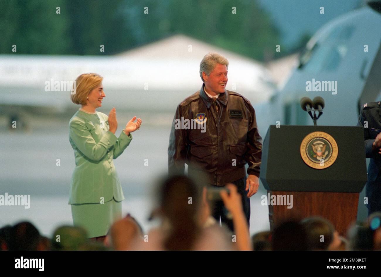 President William Jefferson Clinton models a leather jacket just ...