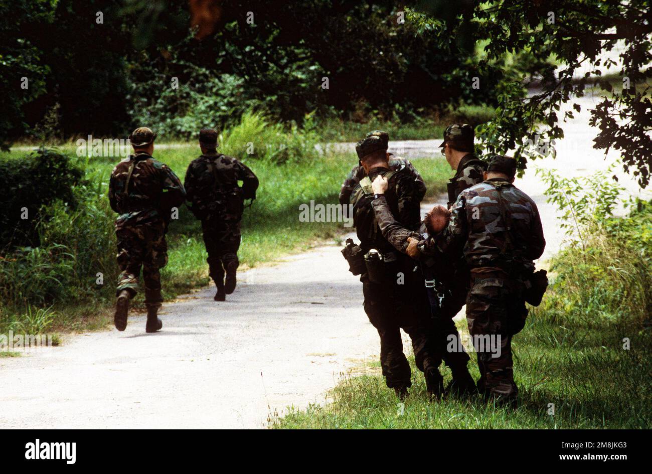A patrol of three camouflaged airman carry a downed pilot through ...