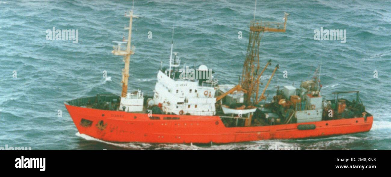 An aerial port bow view of the Russian Poisk class Ministry of Gas ...