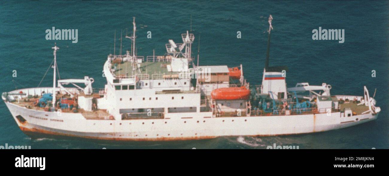 An aerial port side view of the Russian Akademik Shuleykin class ...