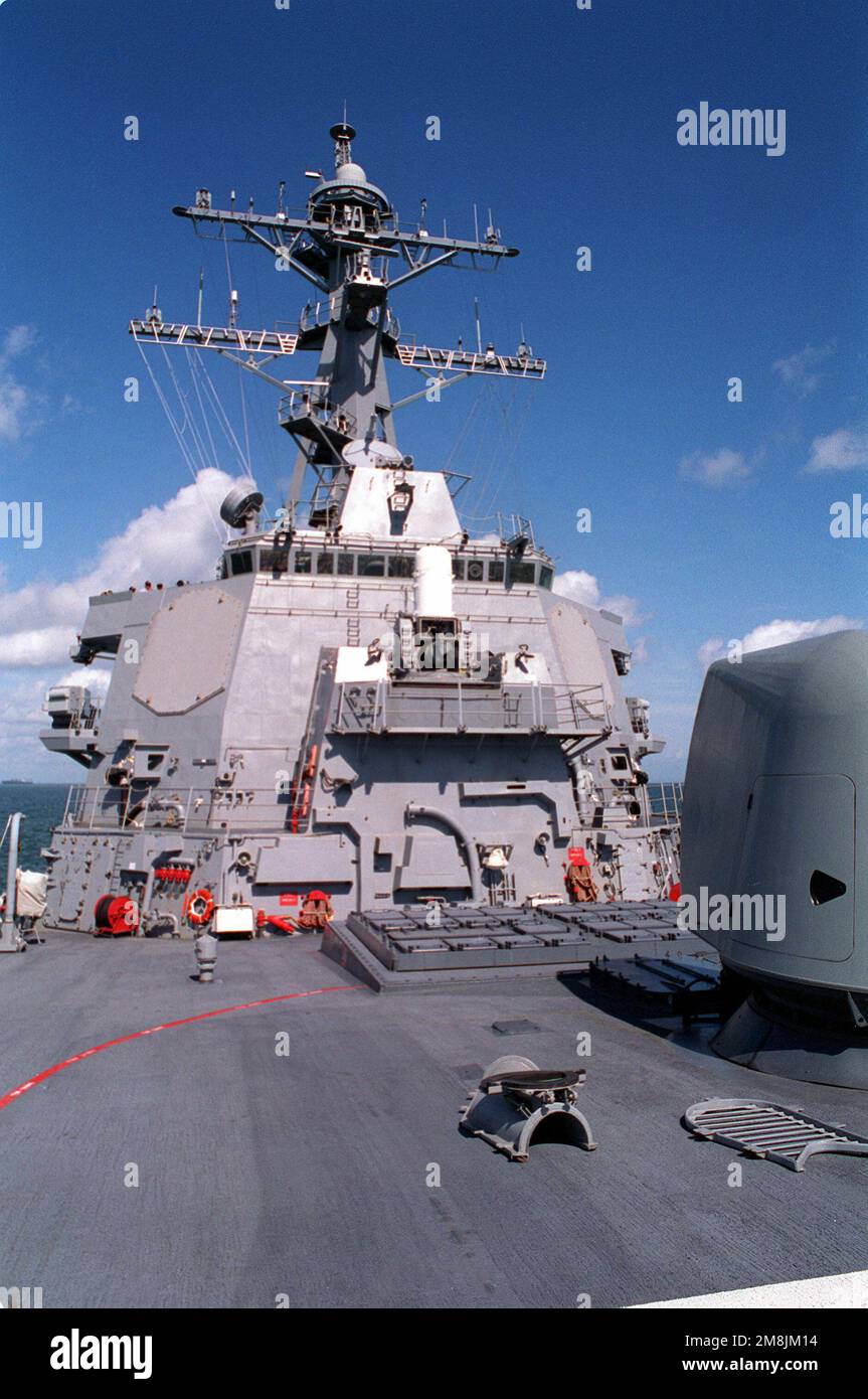 A view from the bow looking aft along the starboard side at the bridge ...