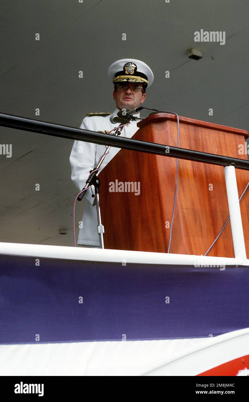 Rear Admiral George A. Huchting, Aegis program manager, addresses the ...