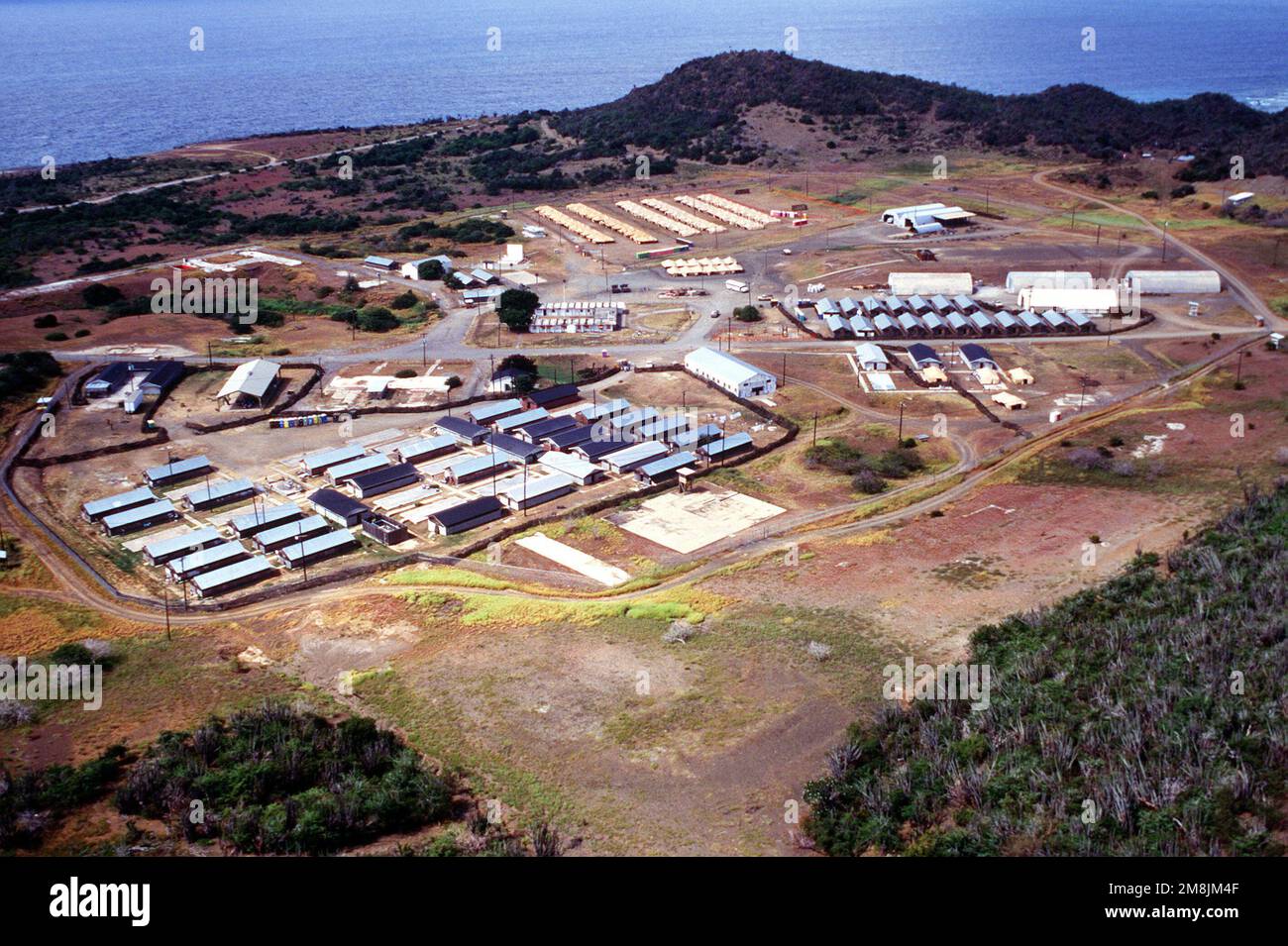 Aerial view of Camp Bulkeley, looking southwest, that holds Haitian ...