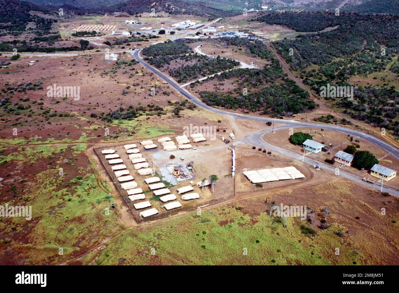Aerial view of Camp Hunt with Camp Bulkeley in back ground looking west ...