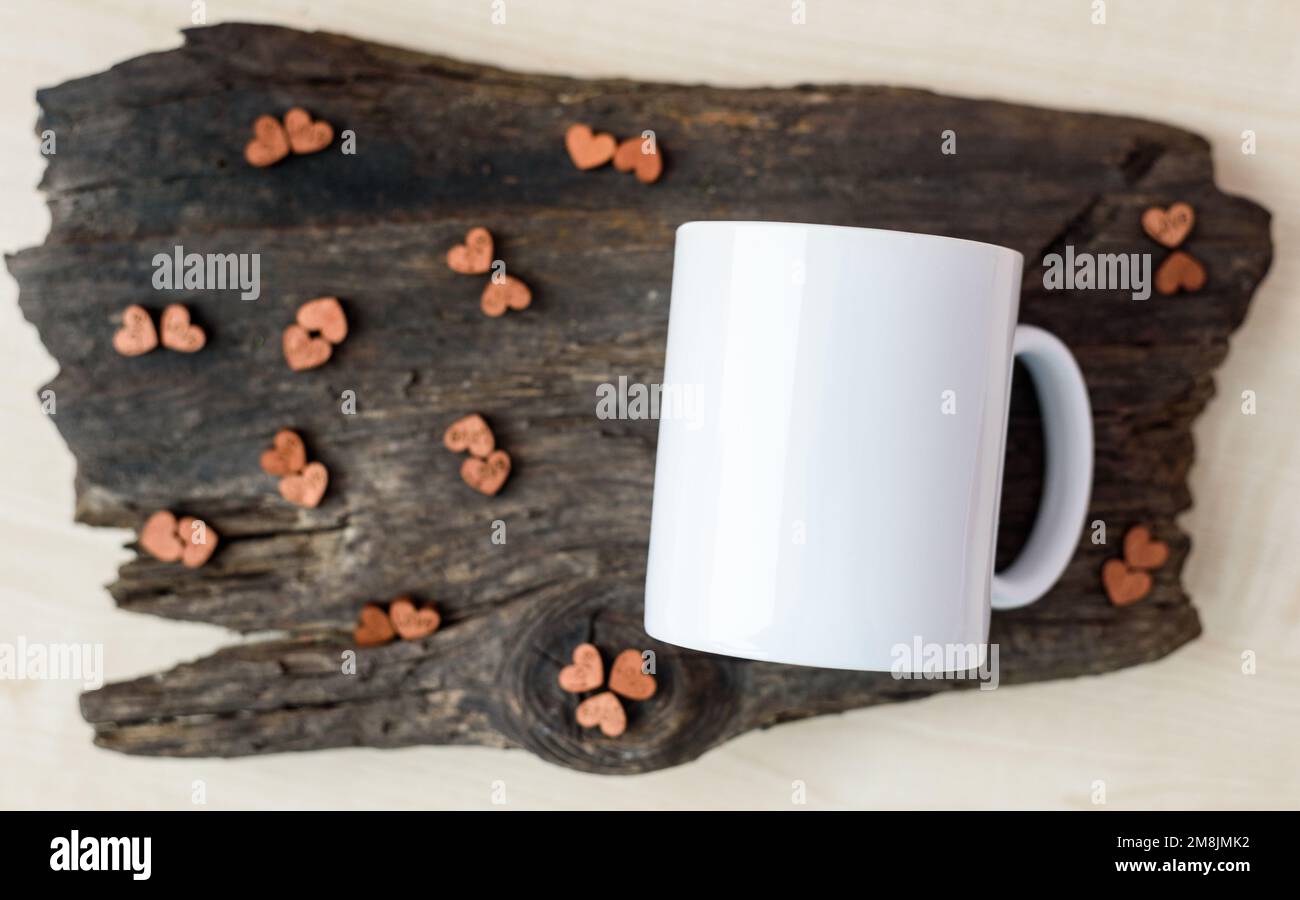 White coffee mug mockup, Cottagecore style wood background and heart ...