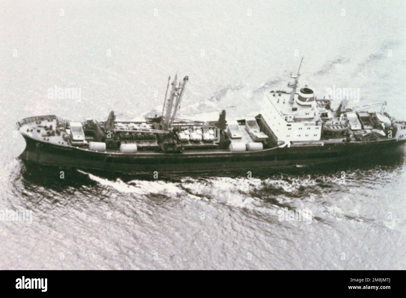 Aerial port side view of the Russian merchant cargo ship STARNIY ...