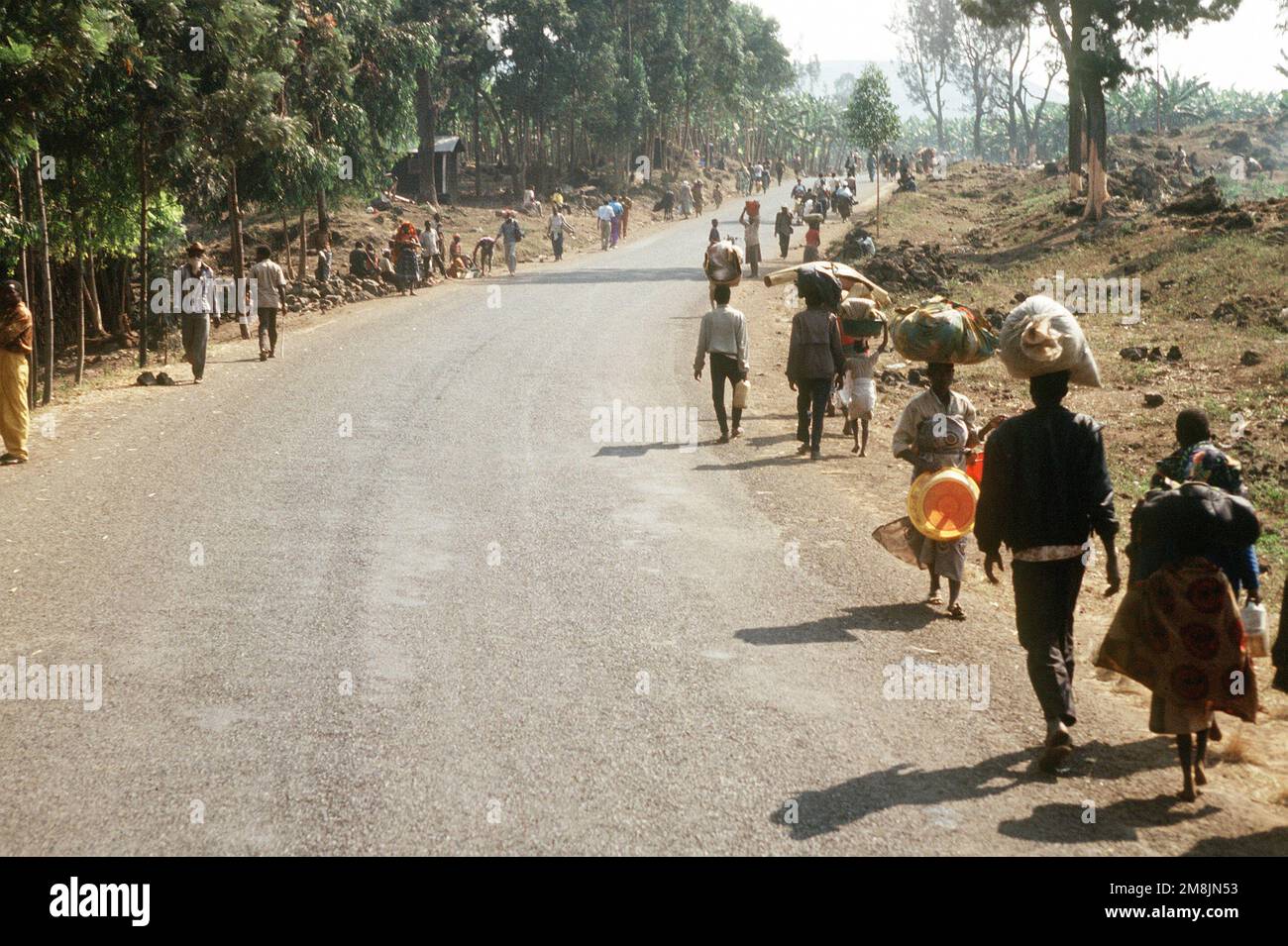 A stream of Rwandan refugees, carrying all their possession, walk into ...