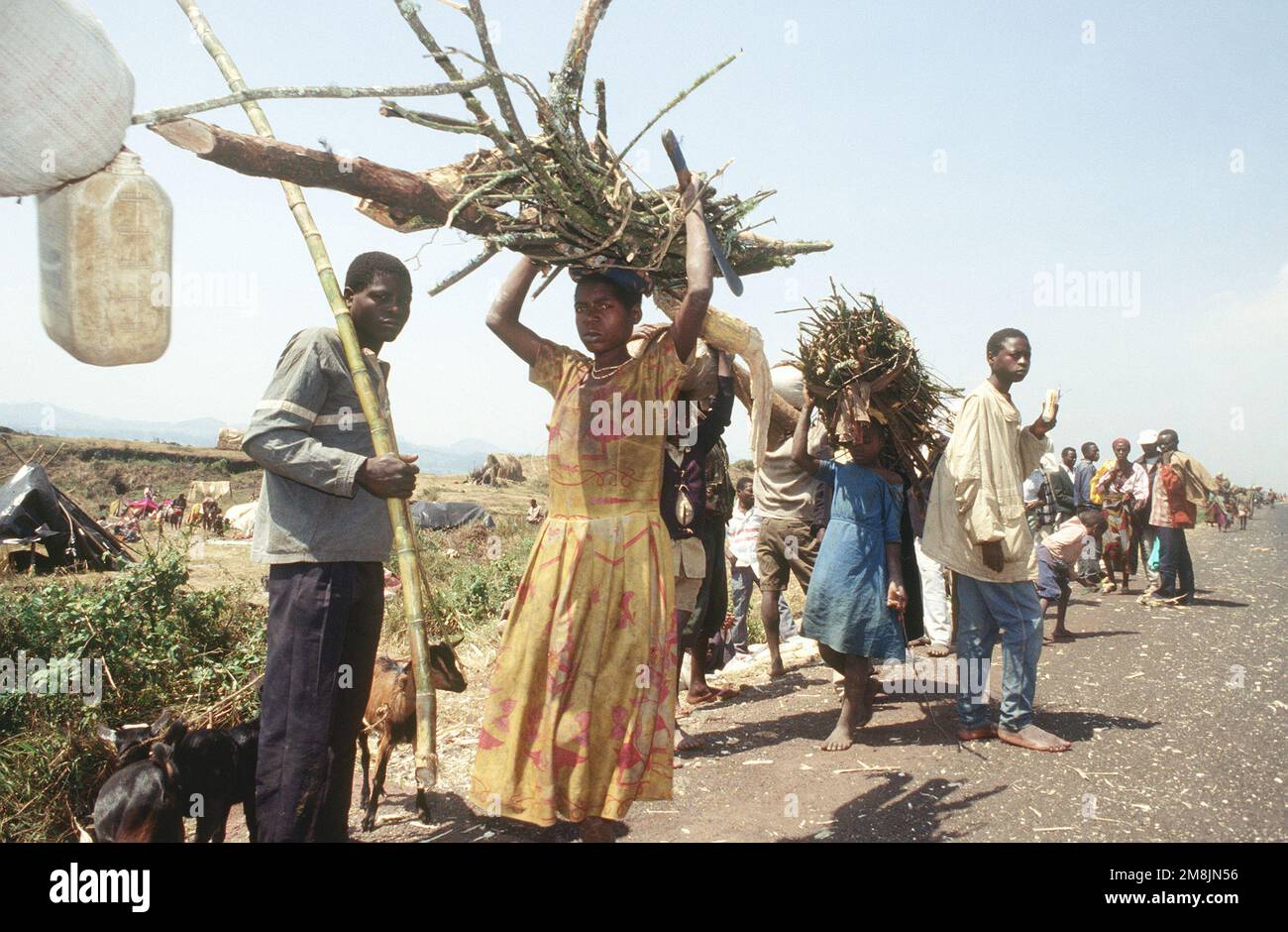 A stream of Rwandan refugees, carrying all their possession, walk into ...