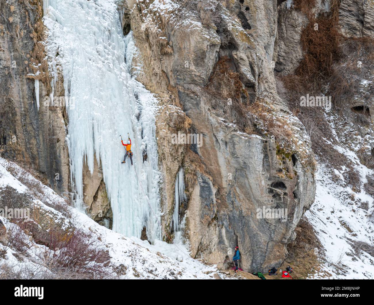 Greg Moore ice climbing Lower Falls Right which is rated WI4 Stock ...