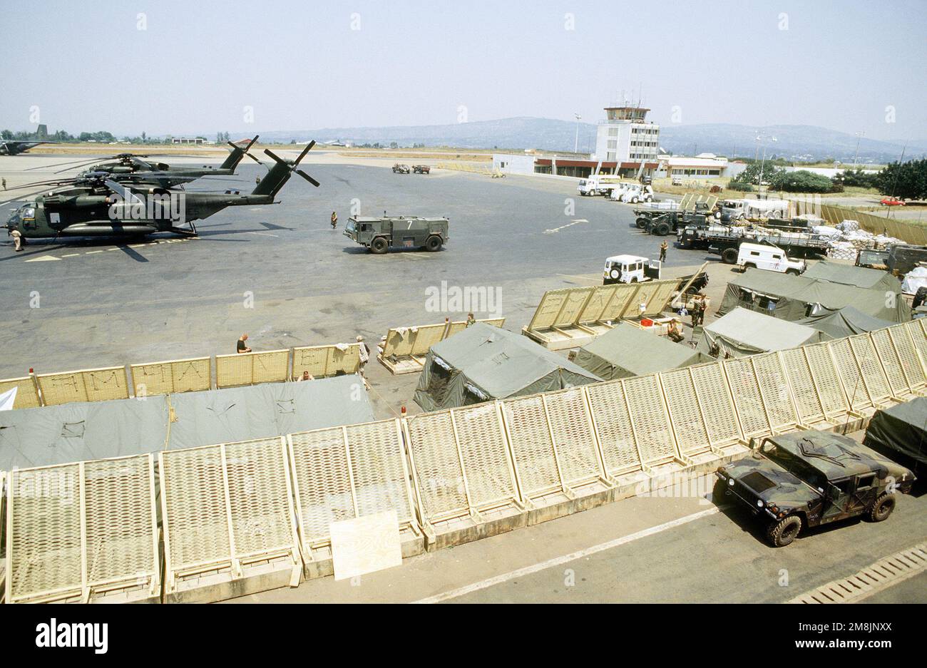 Overall view of the flight line at the Kigali Airport showing ...