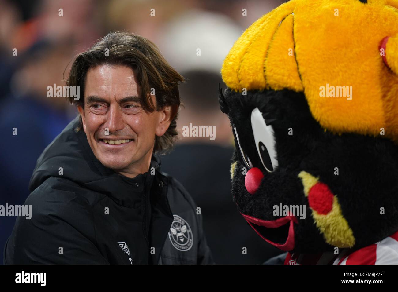 Brentford manager Thomas Frank with mascot Buzzette before the Premier ...