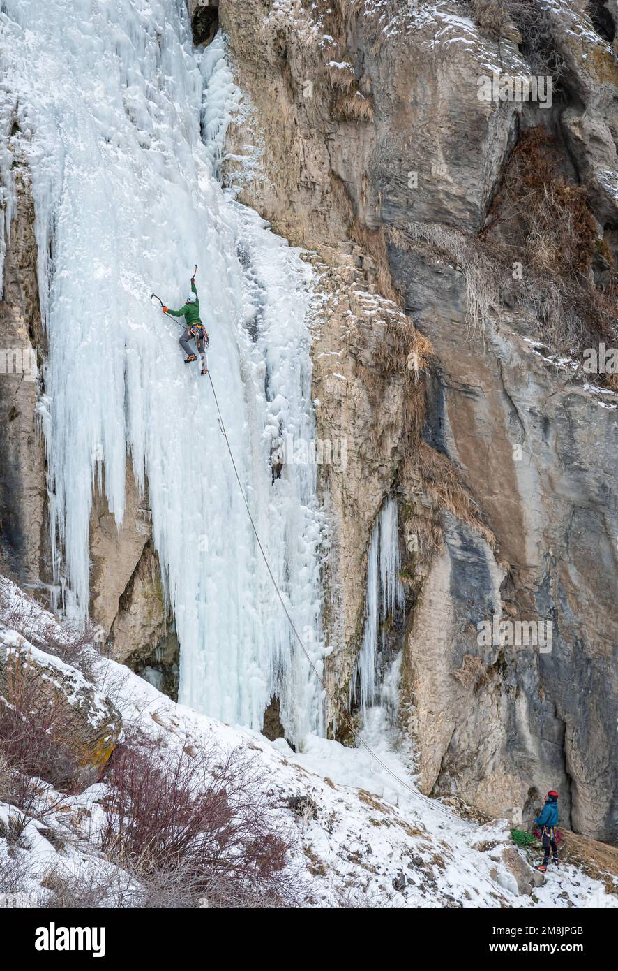 Greg Moore ice climbing Lower Falls Right which is rated WI4 Stock ...
