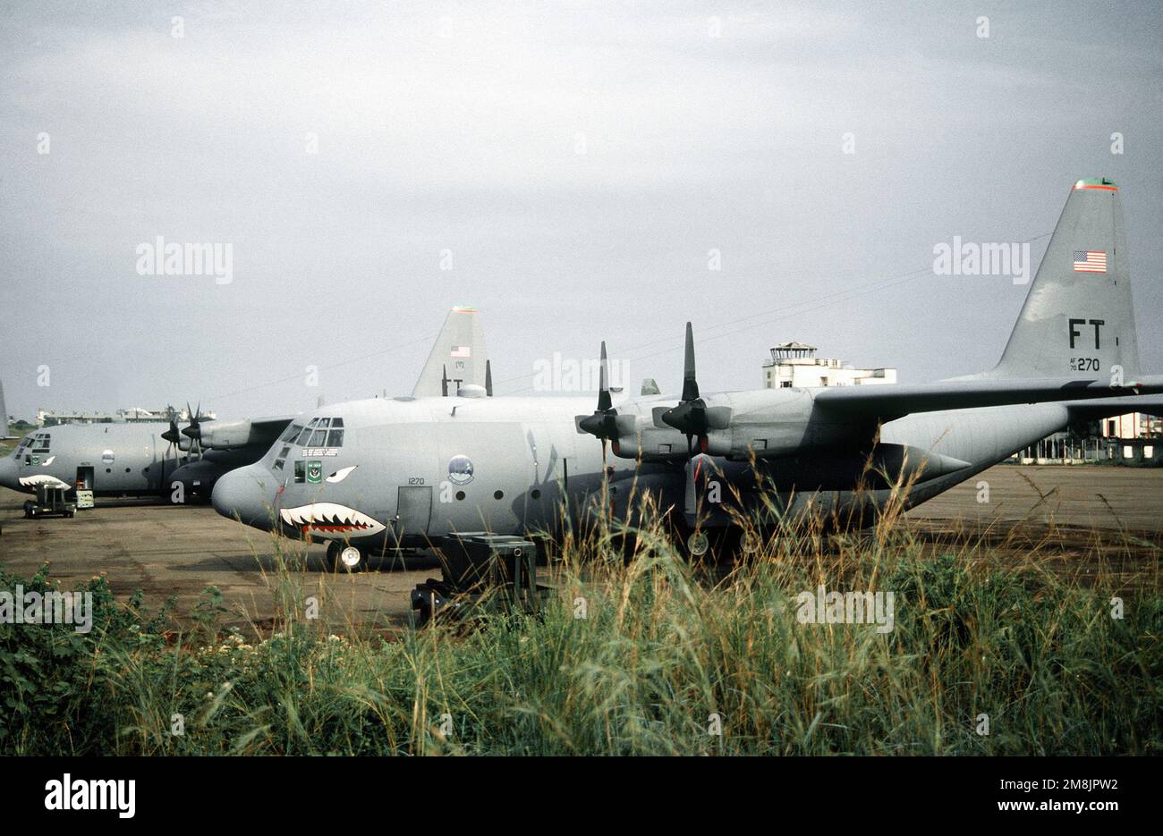 C-130 Hercules aircraft flight line ramp of the Entebbe International ...