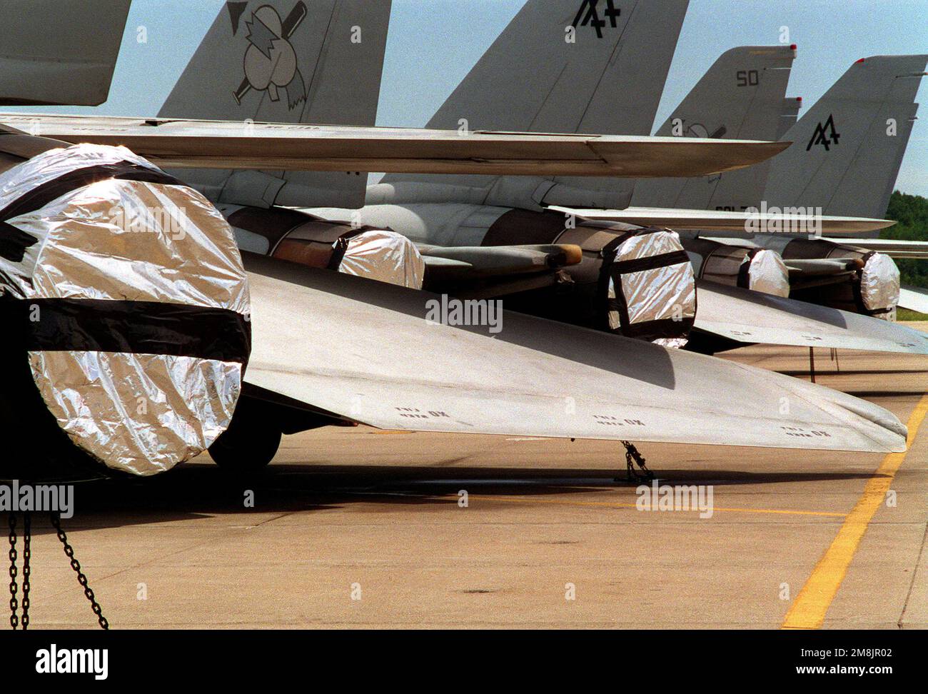 View of the rear of several F-14A Tomcat aircraft of Fighter Squadron 103 (VF-103) showing the ...