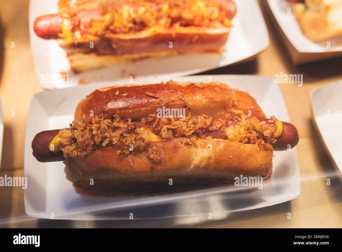 Hot dogs snacks on a table, variety of different hot dog with a sausage ...